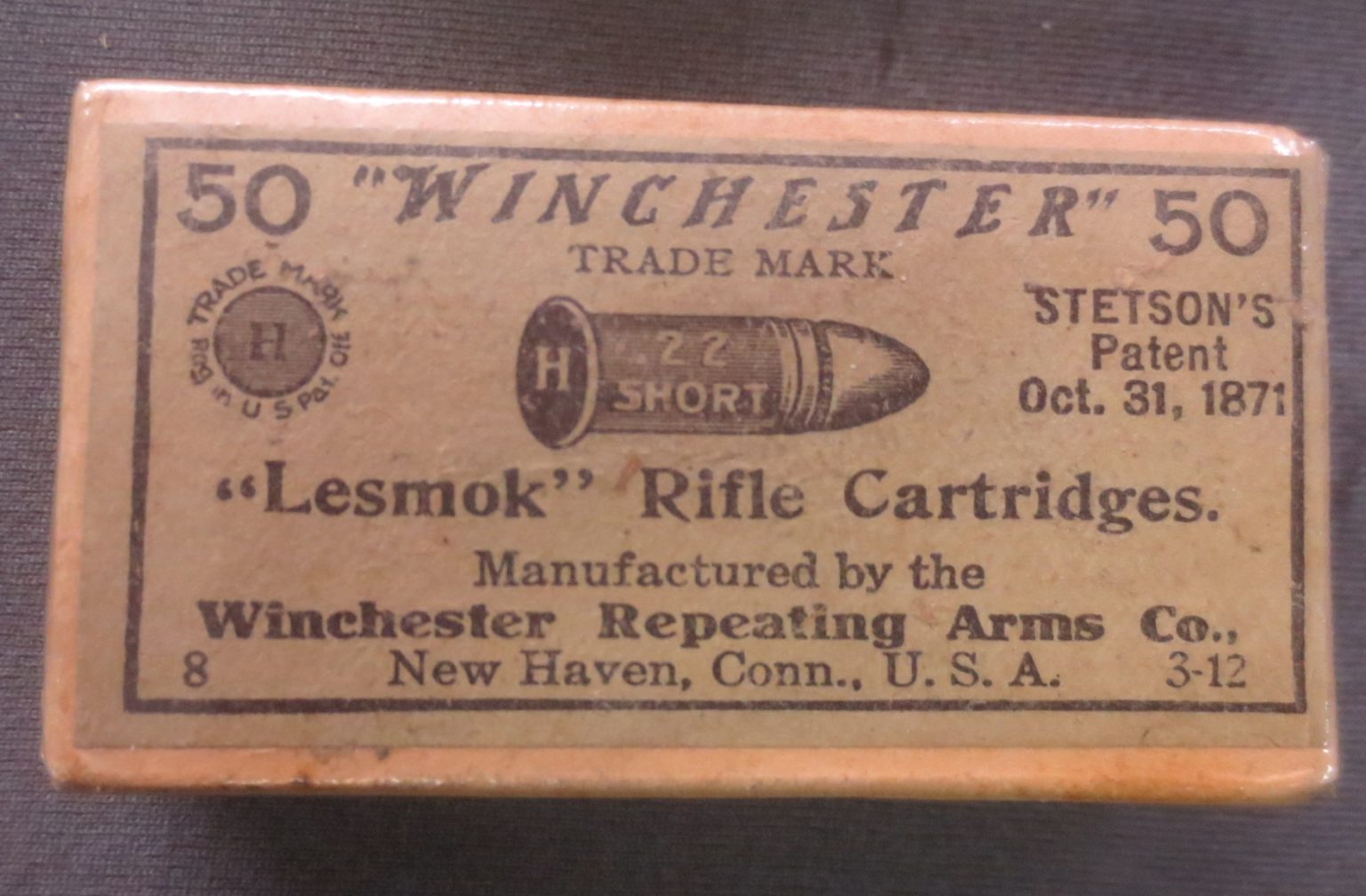 C19. .22 short rimfire, shot cartridges, “Lesmok,” Stetson’s Patent ...